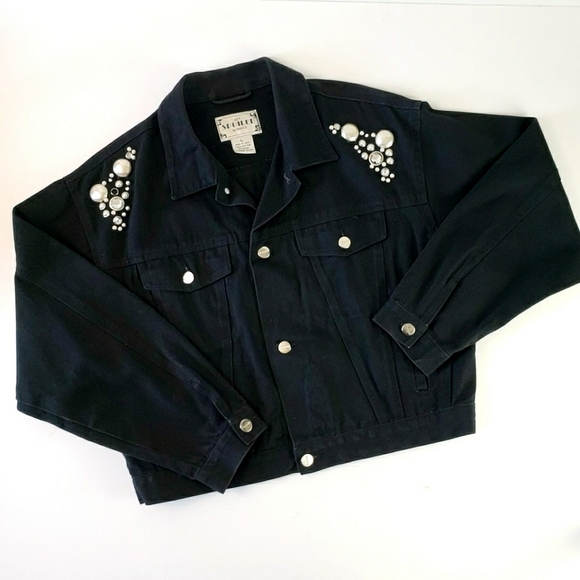 Squeeze | Jackets & Coats | 9s Vintage Black Denim Jacket Bedazzled Gem ...